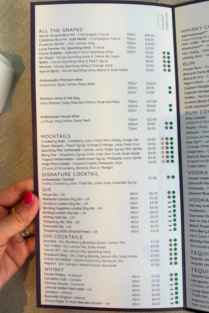 Ambassador Cruise Line's Drinks Menus & Prices (2025) - Luxury Cruising