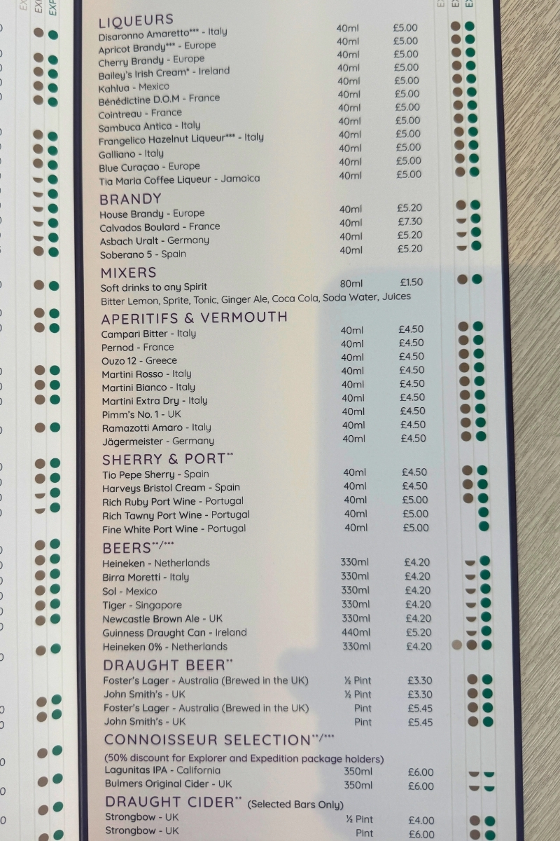 Ambassador Cruise Line's Drinks Menus & Prices (2025) - Luxury Cruising