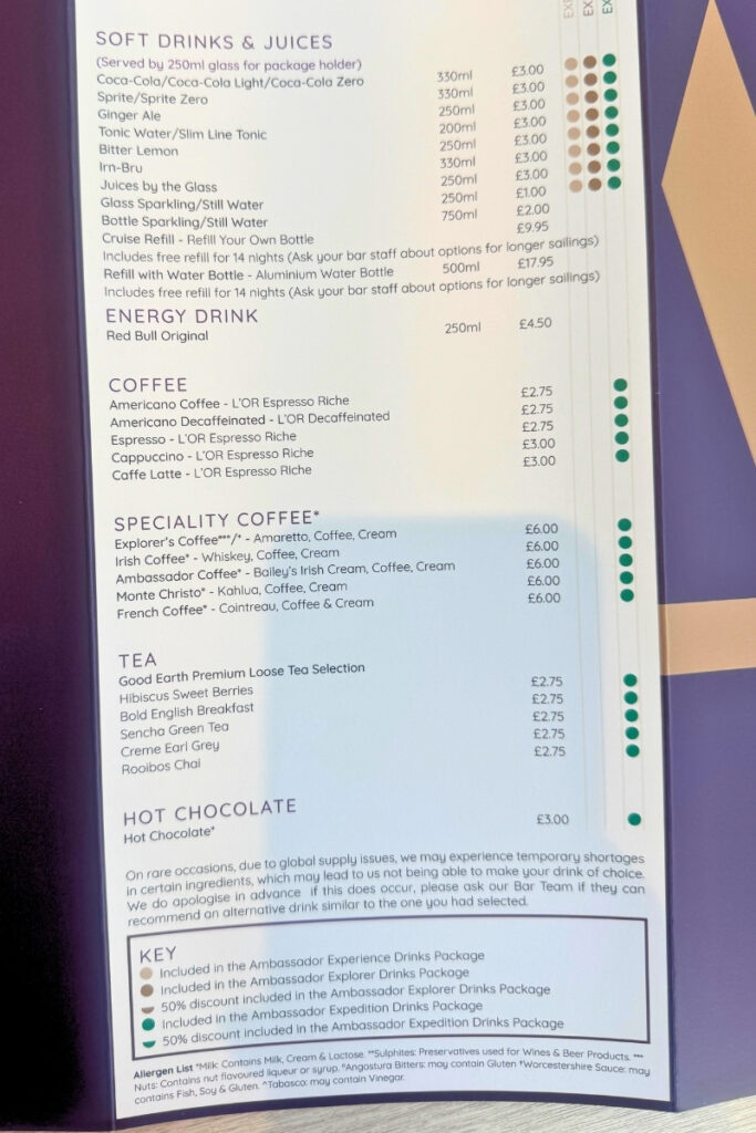 Ambassador Cruise Line's Drinks Menus & Prices (2025) - Luxury Cruising