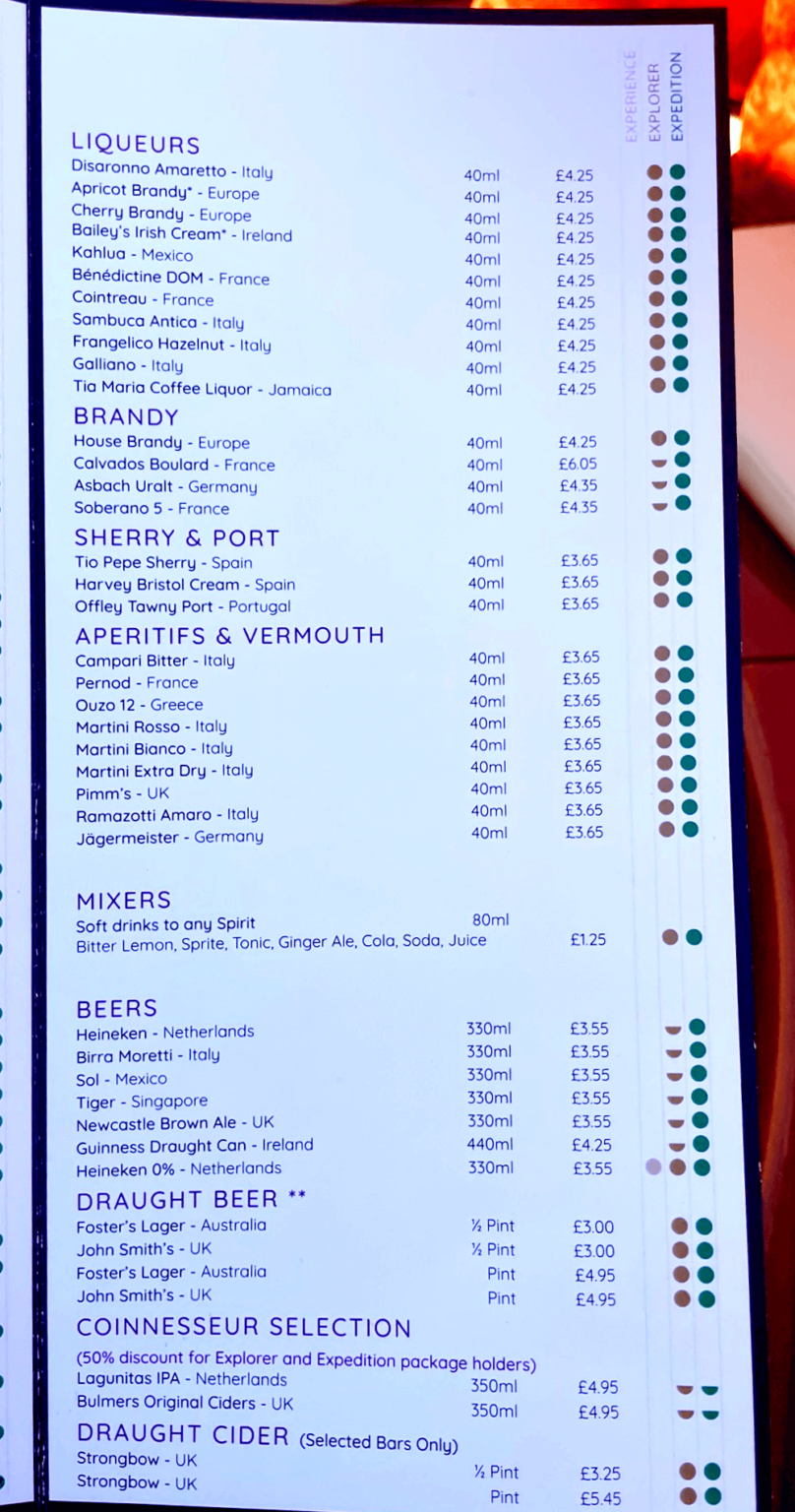 Ambassador Cruise Line Drinks Menus & Prices (2025)