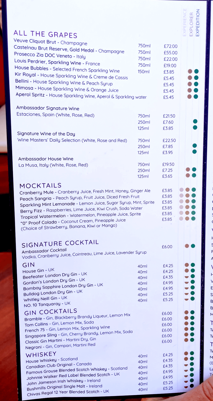 Ambassador Cruise Line Drinks Menus & Prices (2025)