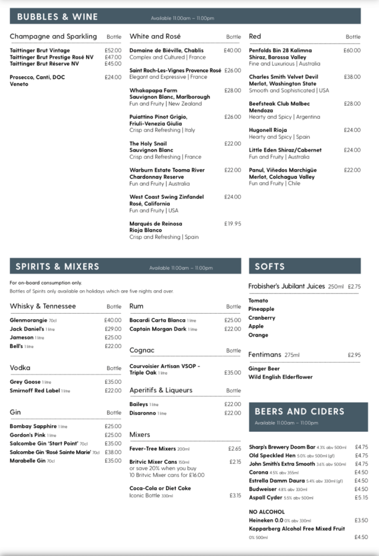 P&O Cruises Drinks Menus & Prices (2022)