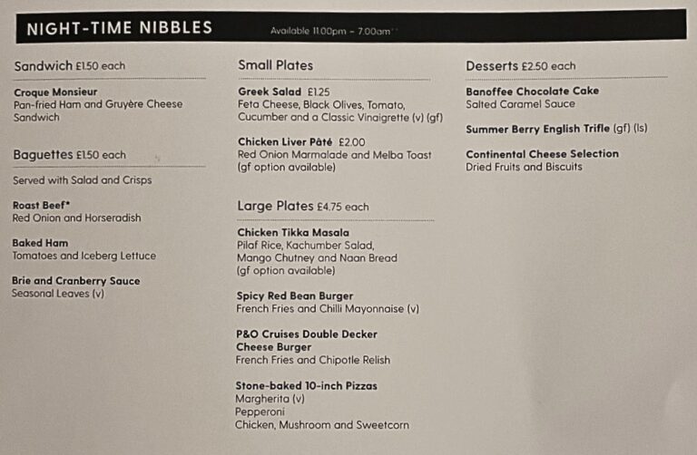 P&O Cruises Room Service Menu (2023)